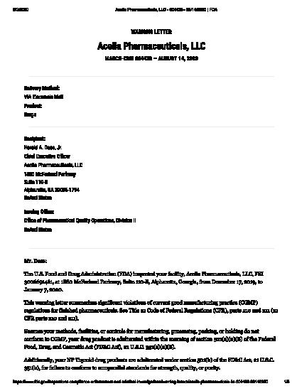 Acella Pharmaceuticals Receives FDA Warning Letter | Acella Pharmaceuticals | Quality Alerts PDF ...