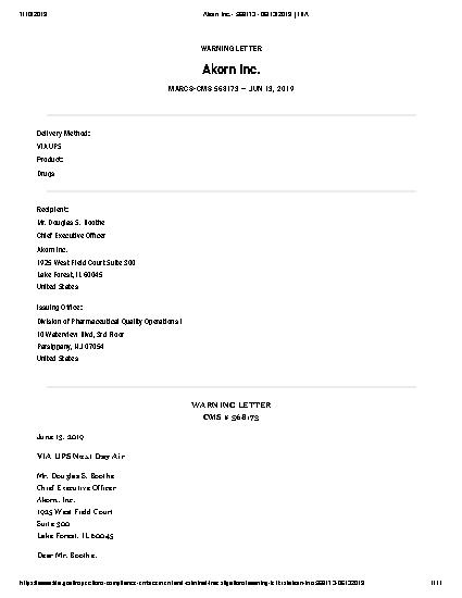 Akorn Inc. Receives FDA Warning Letter | Akorn Pharmaceuticals | Quality Alerts PDF Document