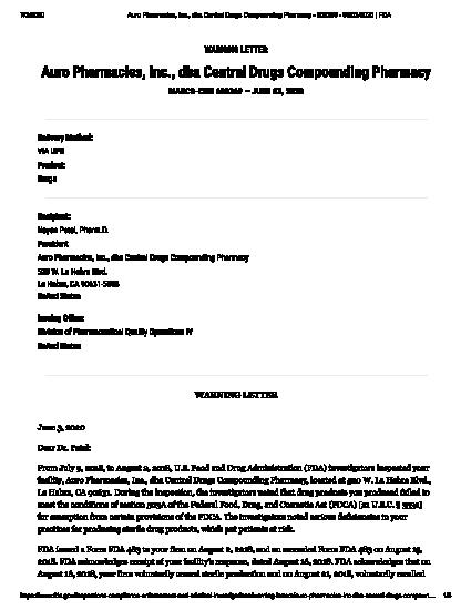 Auro Pharmacies, Inc., dba Central Drugs Compounding Pharmacy Receives ...