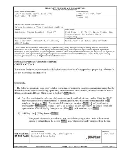 Aurobindo Pharma Limited - Unit IV Receives FDA Form 483 | Aurobindo ...
