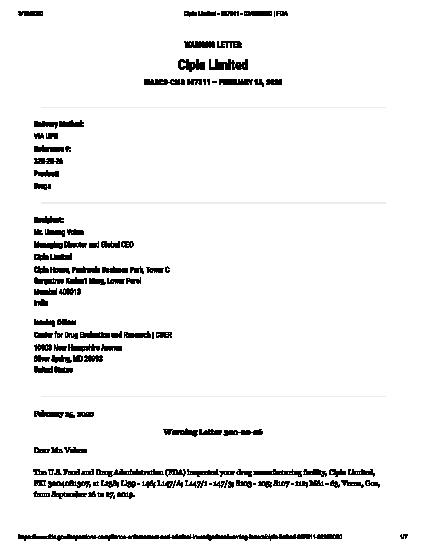 Cipla Limited Receives FDA Warning Letter | Cipla | Quality Alerts PDF ...