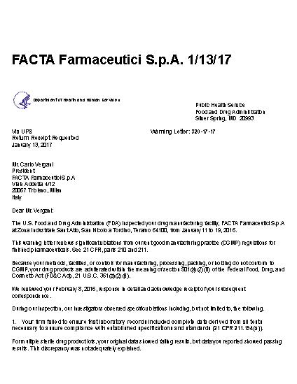 FACTA Farmaceutici Receives FDA Warning Letter | Acs Dobfar Spa ...