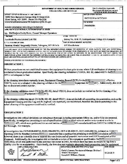 FDA Issues Form 483 to Aurobindo Pharma Ltd. Unit 8 | Aurobindo Pharma ...
