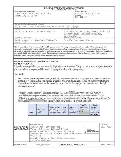 FDA Issues Form 483 to Aurobindo Pharma Unit 4 | Aurobindo Pharma ...