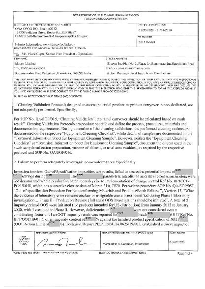 FDA issues form 483 to Biocon Ltd. | Biocon | Quality Alerts PDF Document