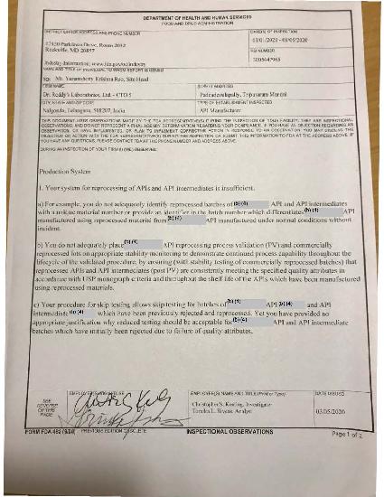 FDA issues form 483 to Dr. Reddy's Laboratories CTO 5 | Dr. Reddy\'s ...