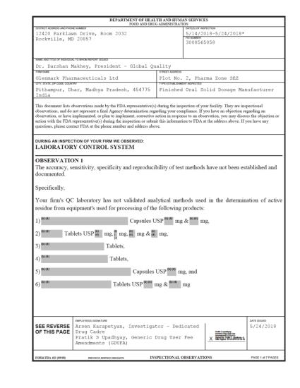 FDA Issues Form 483 to Glenmark Pharmaceuticals Ltd. | Glenmark ...