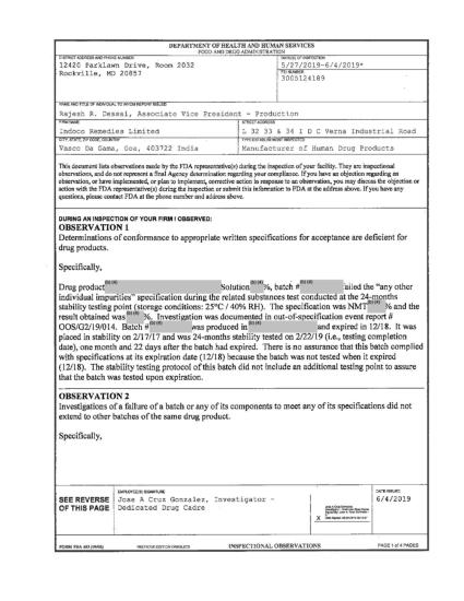 FDA Issues Form 483 to Indoco Remedies Limited | Indoco Remedies ... FDA Issues Form 483 to Indoco Remedies Limited | Indoco Remedies ...