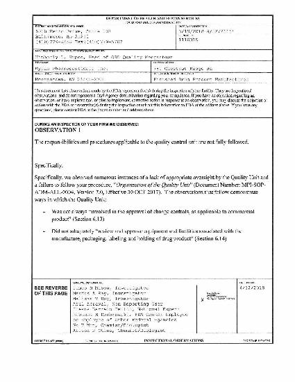 FDA Issues Form 483 to Mylan Pharmaceuticals Inc (Drug Manufacturer ...