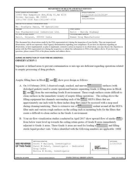 FDA Issues Form 483 to Sun Pharmaceutical Industries | Sun ...