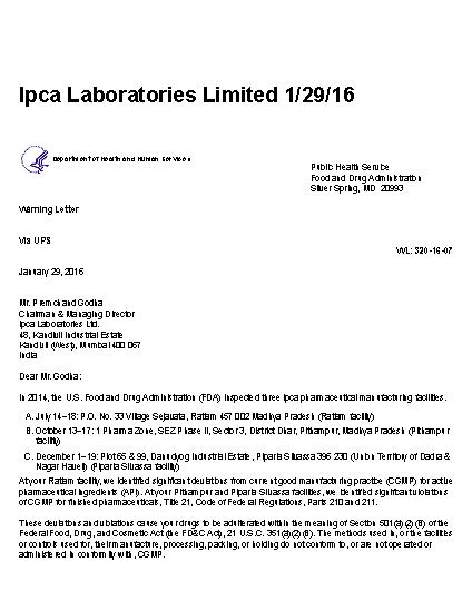 Ipca Laboratories Limited receives warning letter due to cGMP ...
