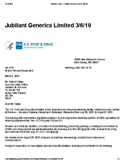 Jubilant Generics Limited Receives FDA Warning Letter | Jubilant Generics | Quality Alerts PDF ...