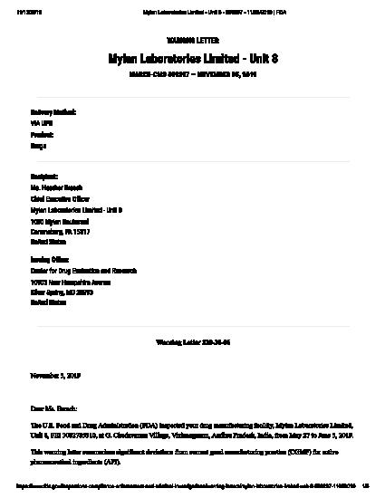 Mylan Laboratories Limited - Unit 8 Receives FDA Warning Letter | Viatris | Quality Alerts PDF ...