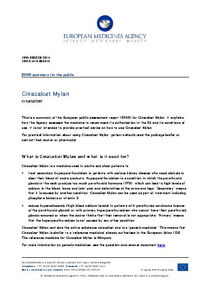 Mylan's Cinacalcet receives marketing authorisation in EU to treat secondary hyperparathyroidism ...
