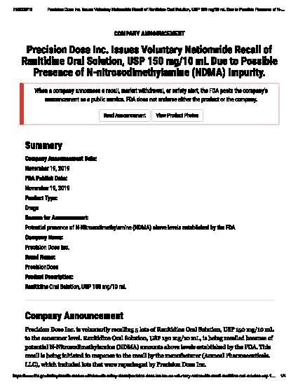Precision Dose Inc. Issues Voluntary Nationwide Recall of Ranitidine ...