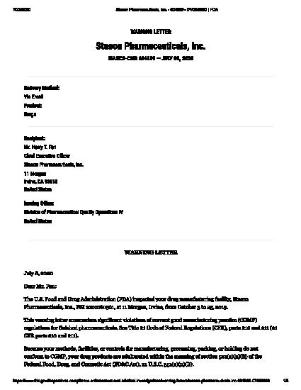 Stason Pharmaceuticals, Inc Receives FDA Warning Letter | Standard Chem ...