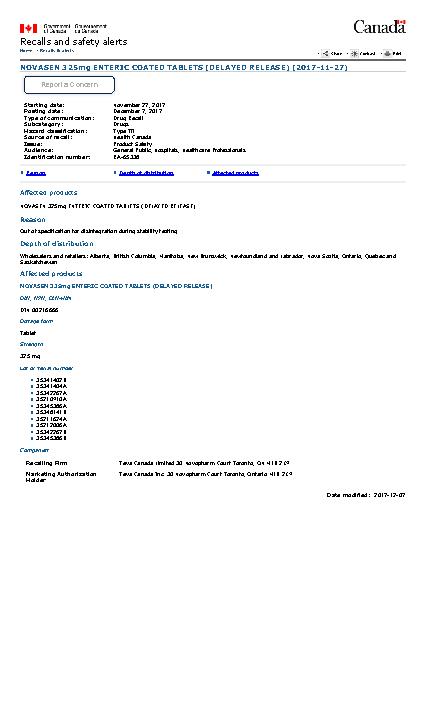 Teva Canada Limited Recalls Novasen 325mg Enteric Coated Tablets ...