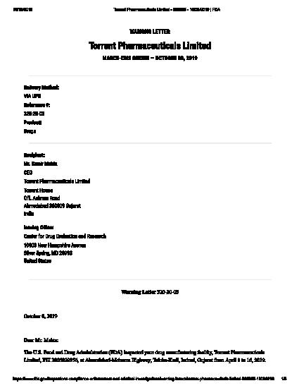 Torrent Pharmaceuticals Limited Receives FDA Warning Letter | Torrent ...