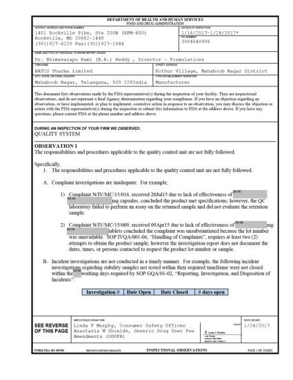 US FDA Issues Form 483 to Natco Pharma Limited | Natco Pharma | Quality ...