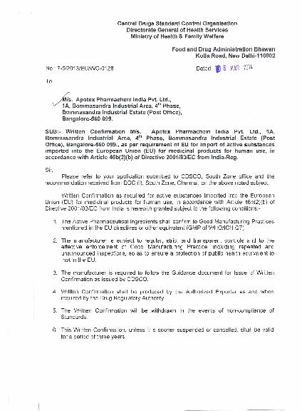 API EU Written Confirmation | Cabergoline (BP/USP/EP) | M/s. Apotex ...