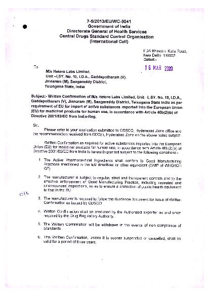 API EU Written Confirmation | Losartan Potassium USP/EP | Hetero Drugs ...