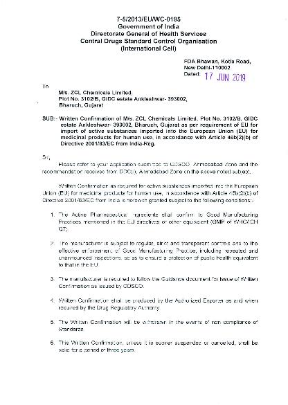 API EU Written Confirmation | Rivaroxaban EP | M/s. ZCL Chemicals ...